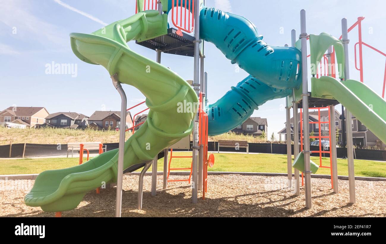 Modern children playground in the suburbs on a hot summer day Stock ...