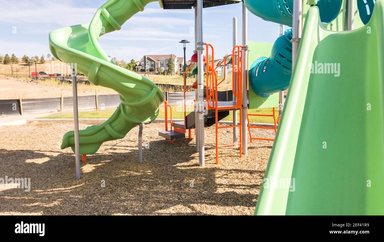Modern children playground in the suburbs on a hot summer day Stock ...