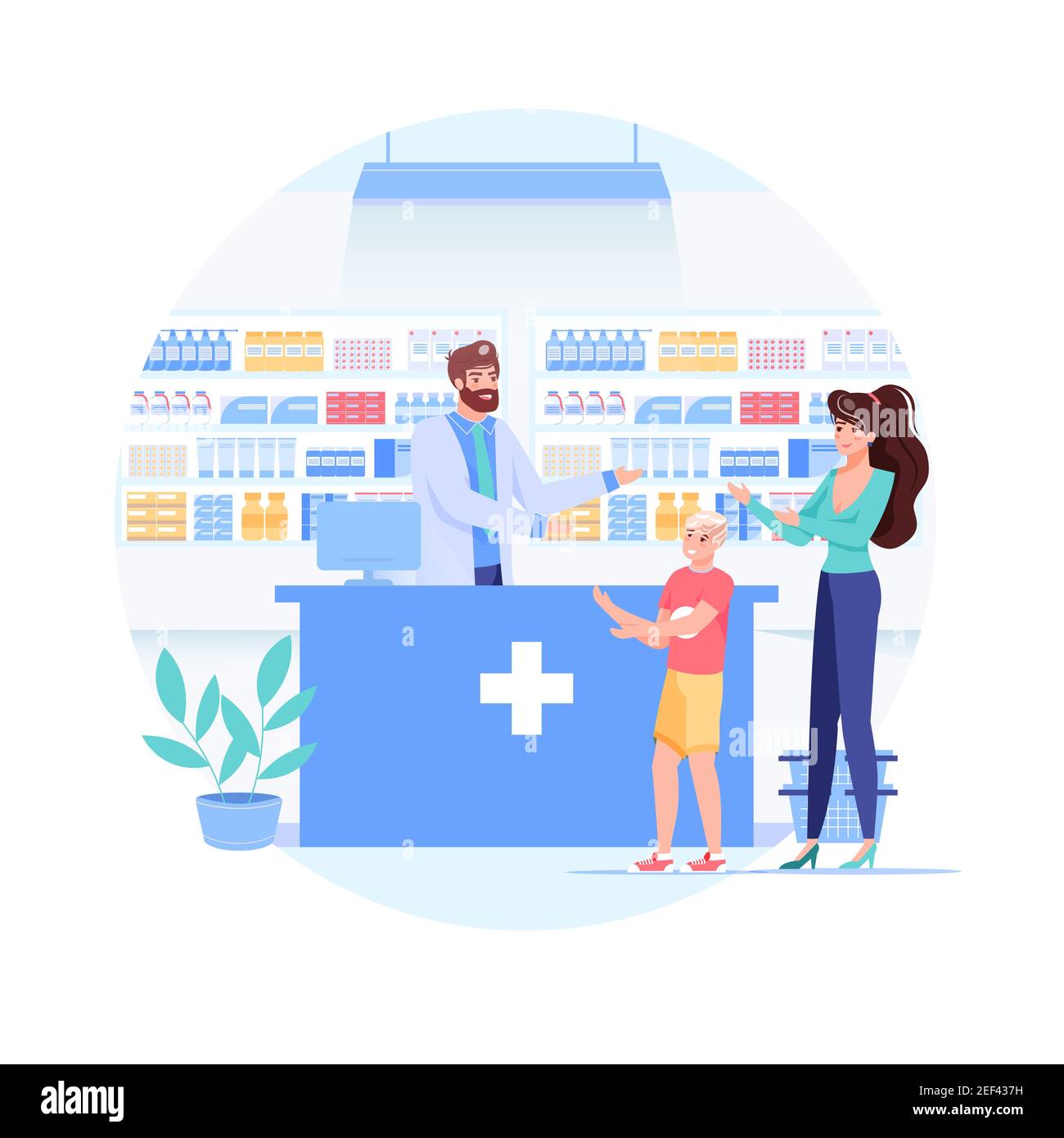 Flat cartoon patient and doctor characters,pharmacy store vector ...