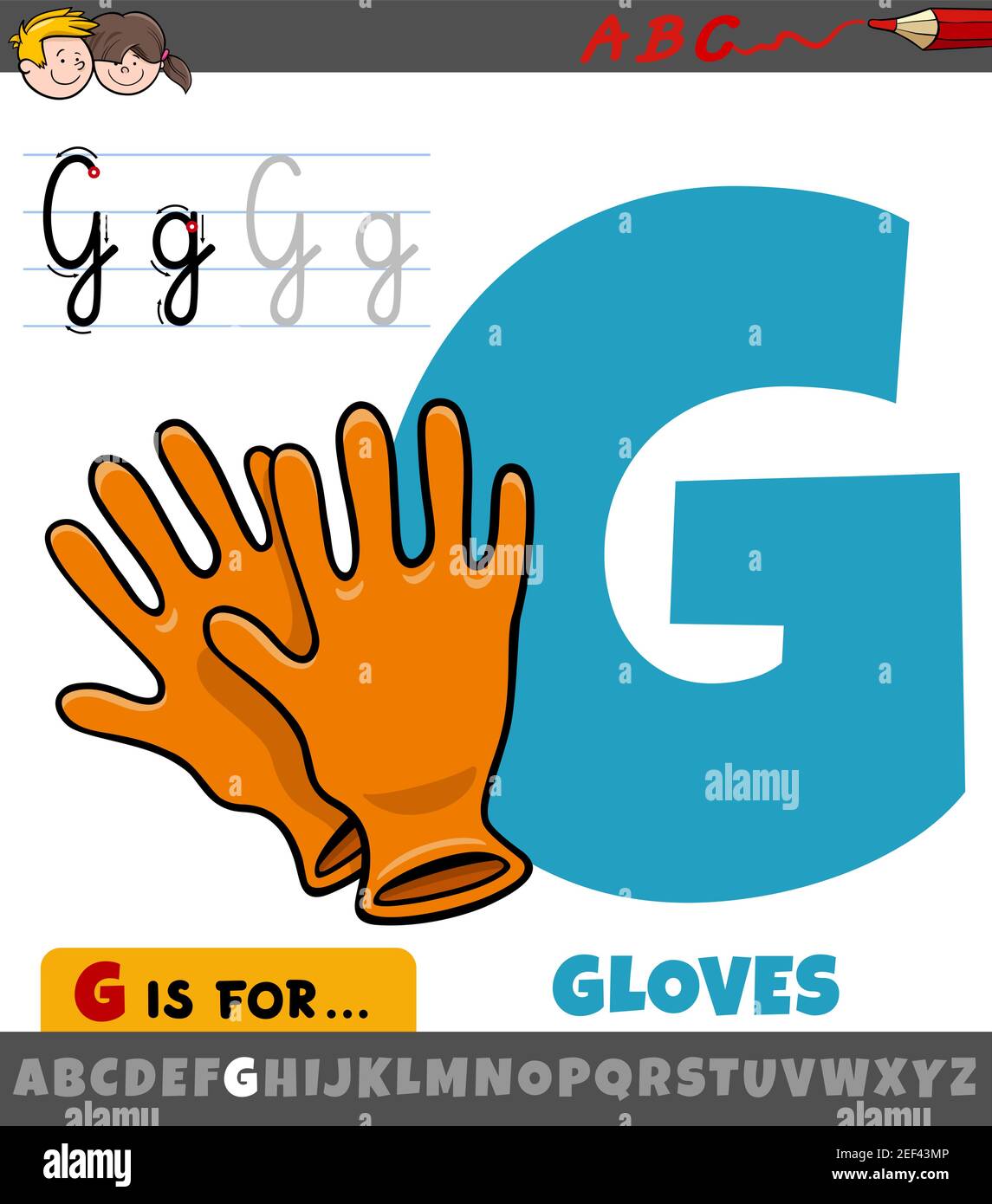 Educational cartoon illustration of letter G from alphabet with gloves ...