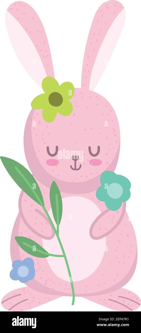 cute rabbit cartoon with flowers and leaf spring vector illustration ...