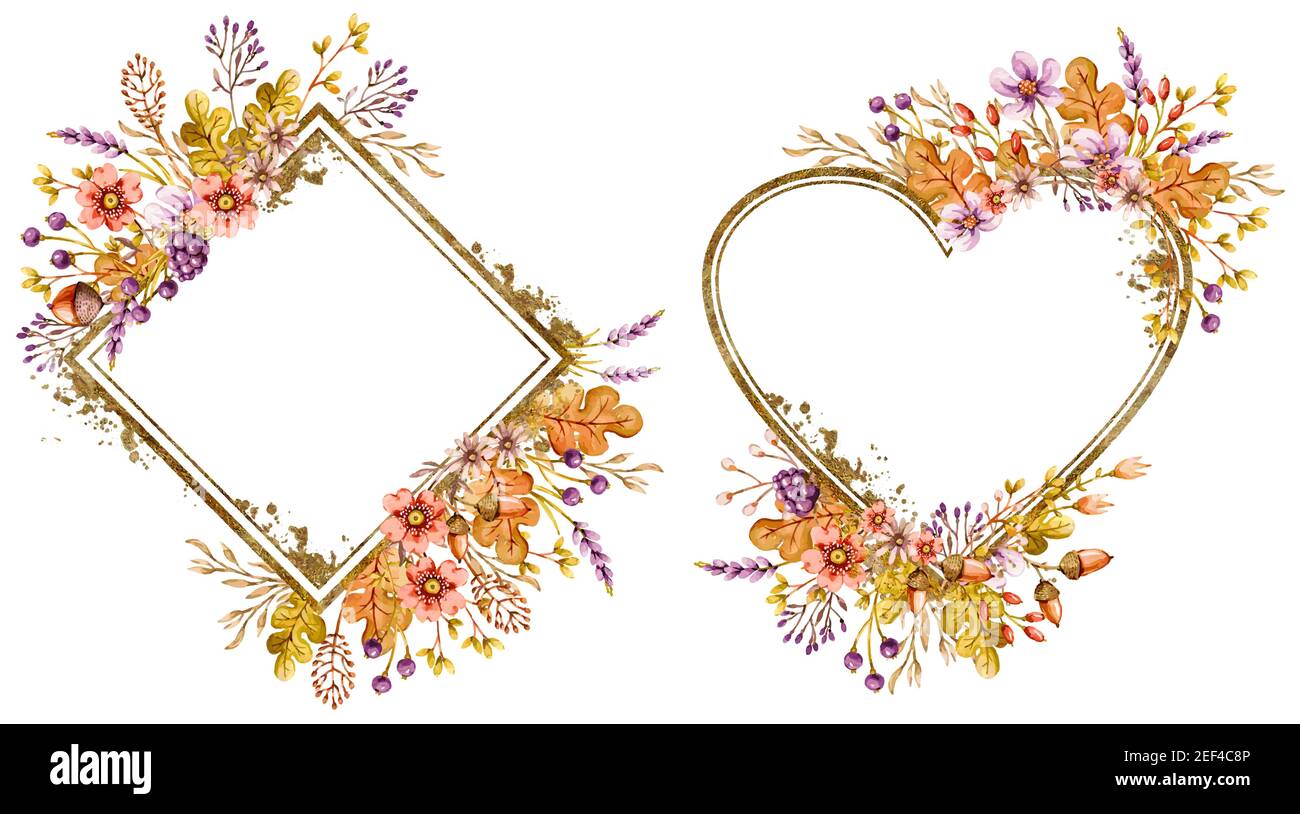 Floral vector frames set with autumn oak leaves, acorns, berries ...