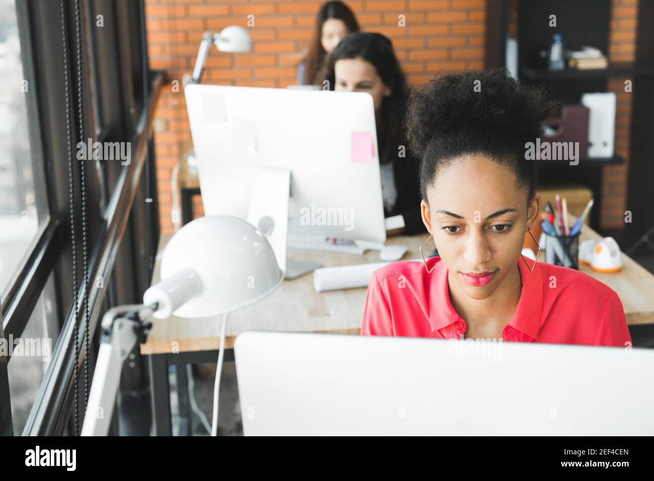 Young business woman concentrating on computer screen at her working ...