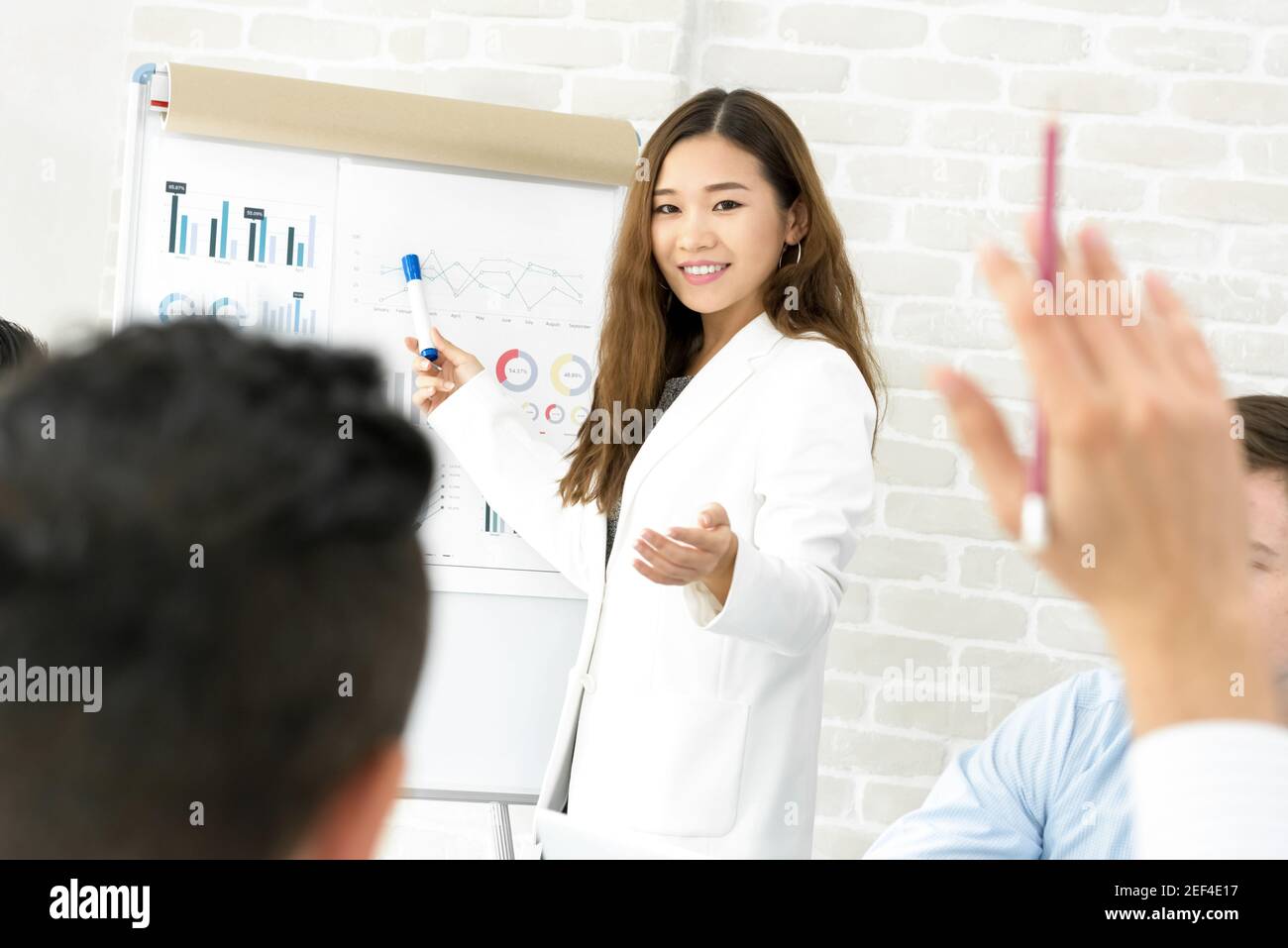 Young Asian businesswoman making a presentation and asking for opinion ...