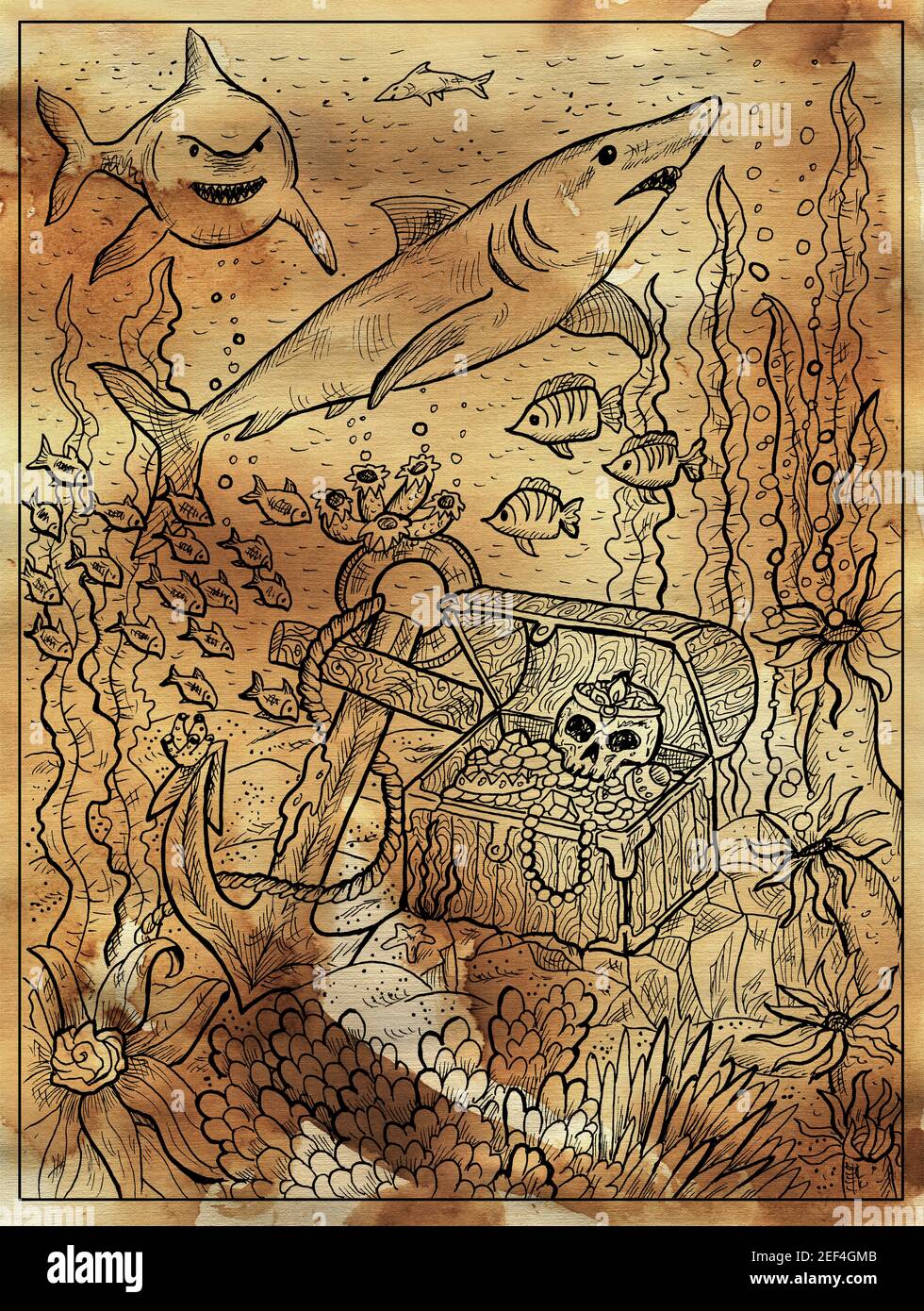 Textured marine illustration with treasure chest on sea bottom, sharks ...