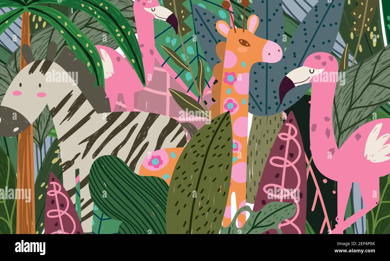 cartoon jungle animals cartoon abstract flamingo giraffe and zebra ...