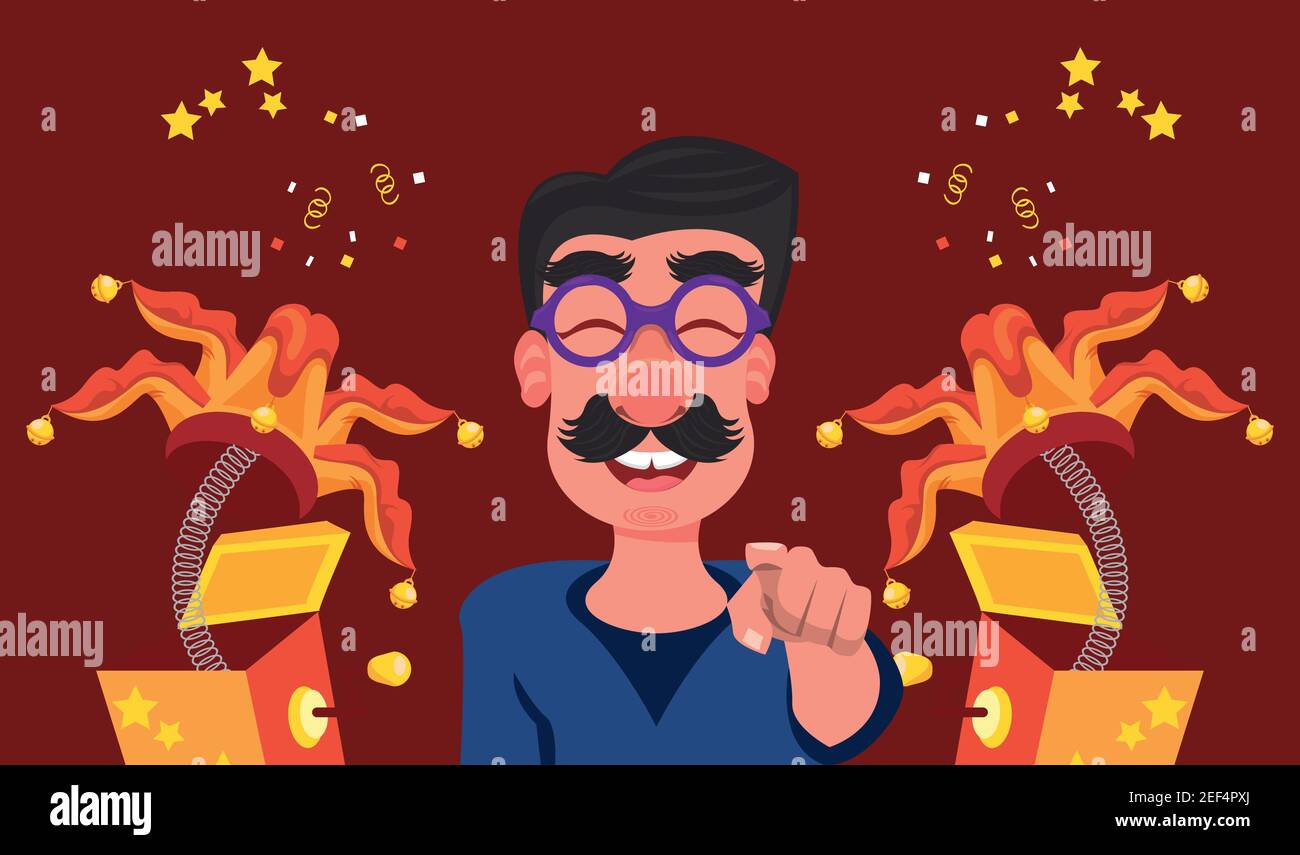 man wearing funny mask and joker hats in surprise boxes vector ...