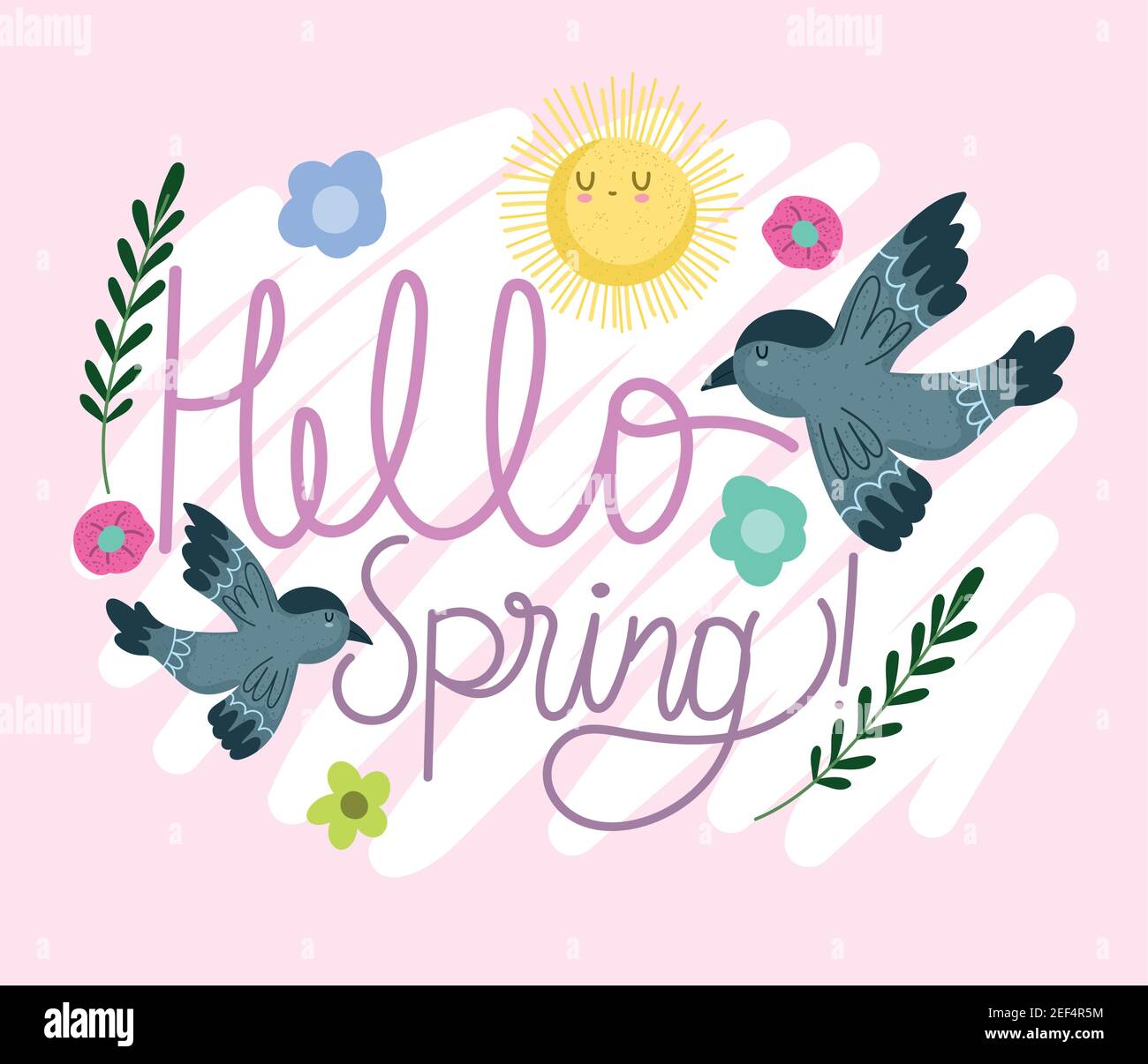 hello spring birds dlowers branch decoration nature card vector ...