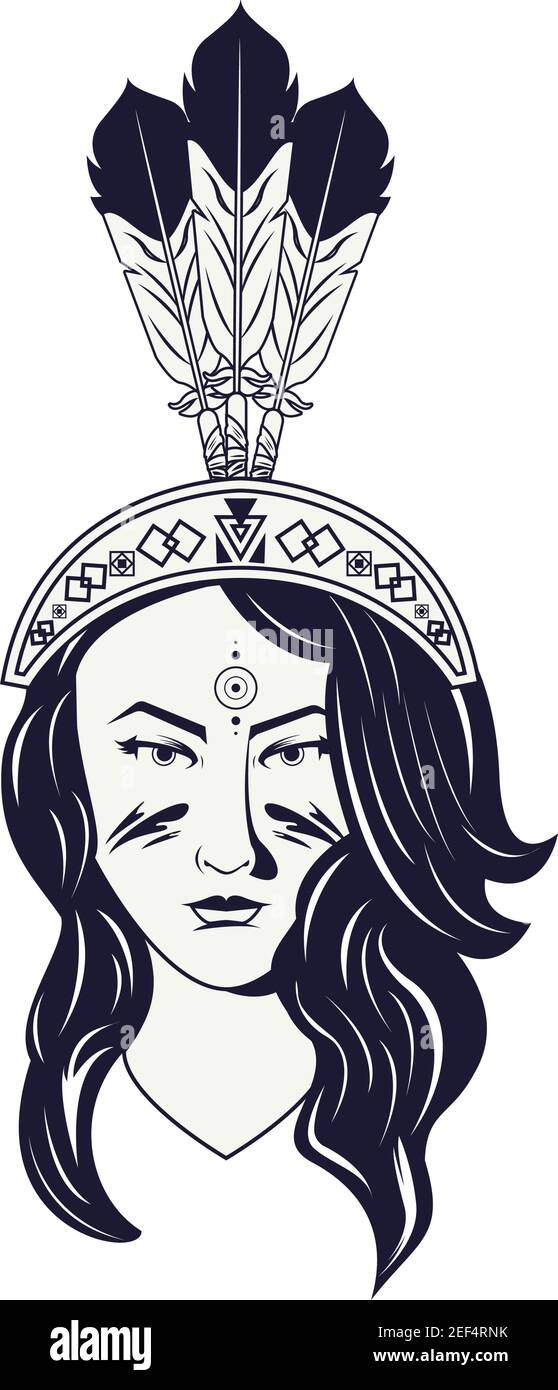 native american woman with feather hat tribal style vector illustration ...