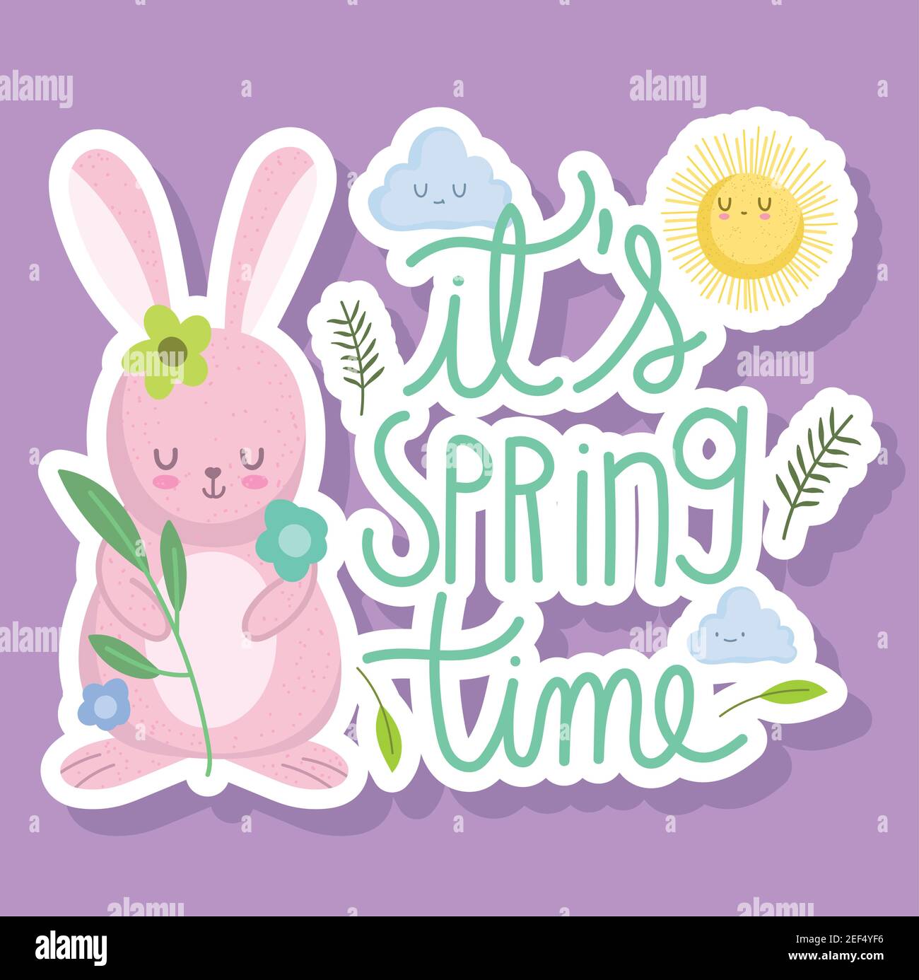 spring time rabbit flowers and sun cartoon card vector illustration ...