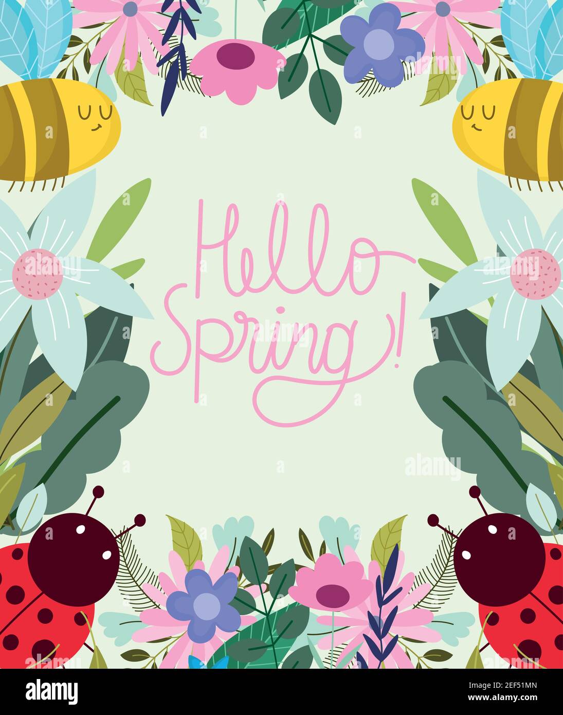 hello spring flowers bee ladybug nature leaf branches card vector ...