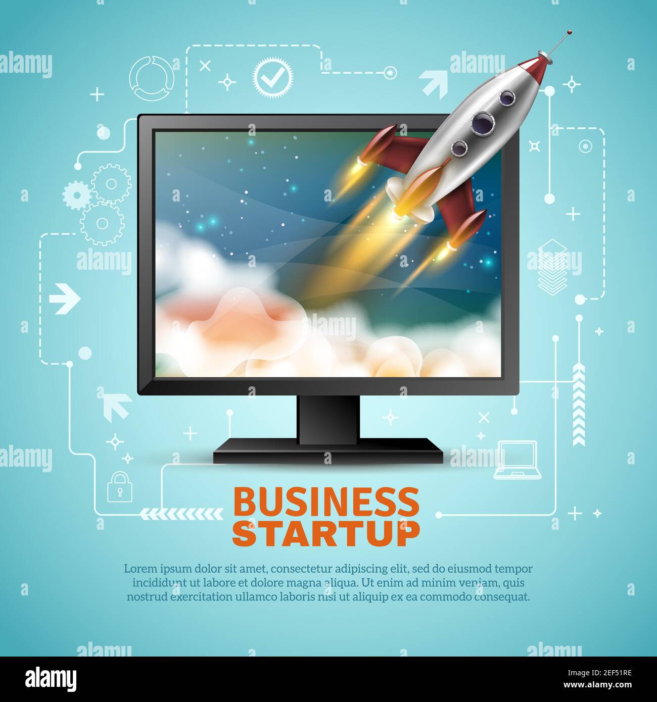 Business startup design with rocket flying from computer monitor on ...