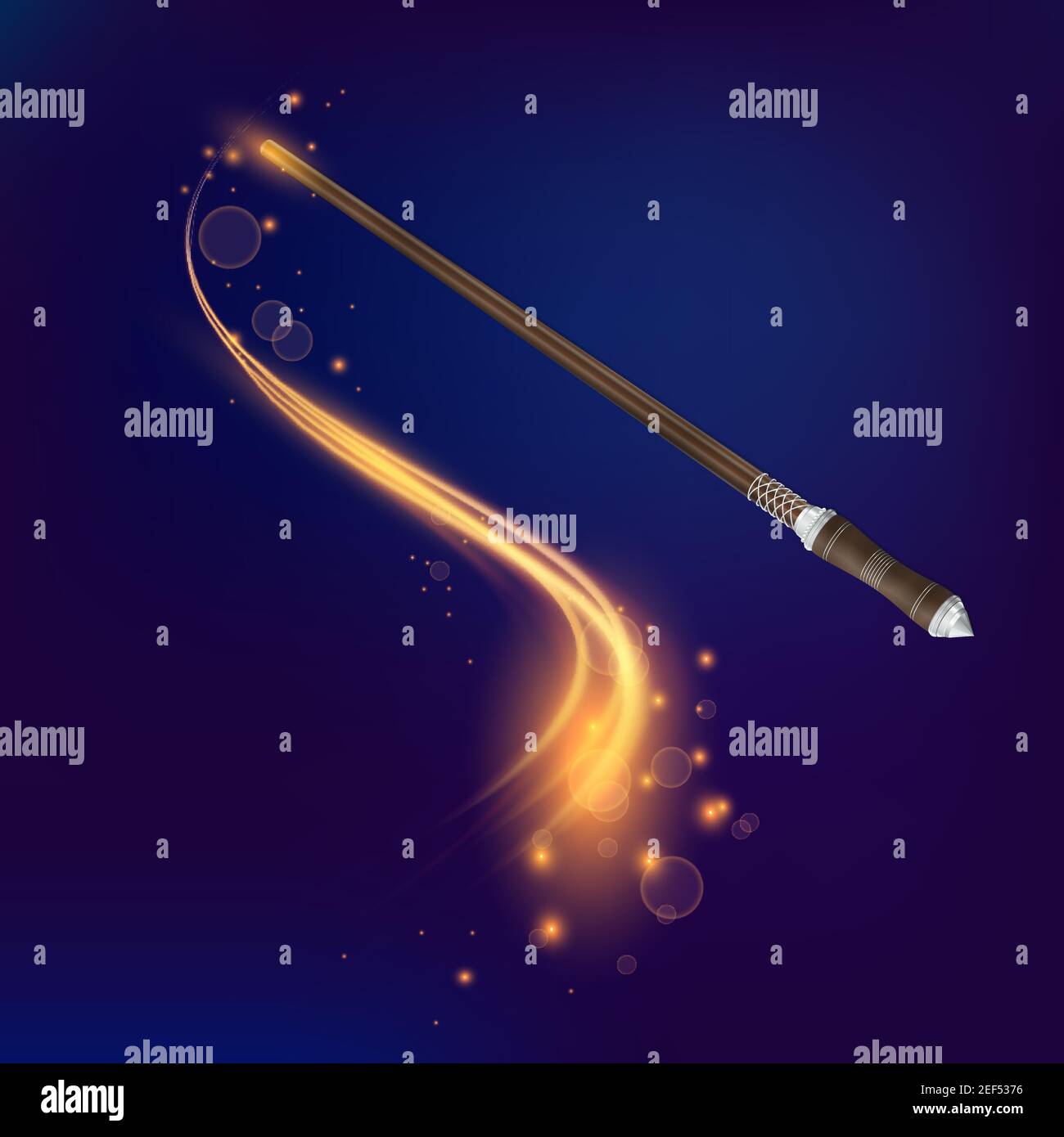 Magic wand realistic composition on dark blue background with gold ...