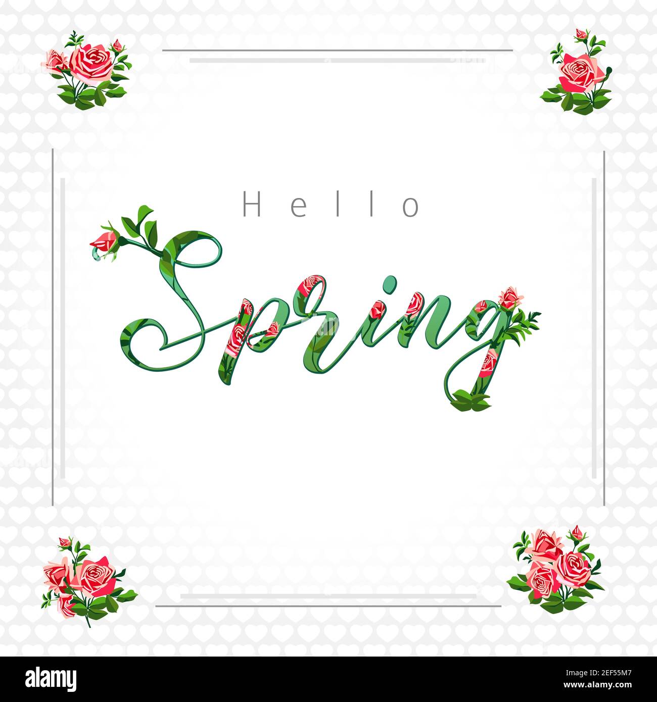 Hello spring holiday card. Colorful emblem with element of calligraphy ...