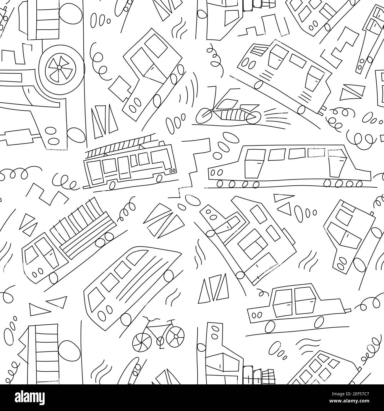 Vector black and white doodle monoline cars. Seamless baby boy pattern ...