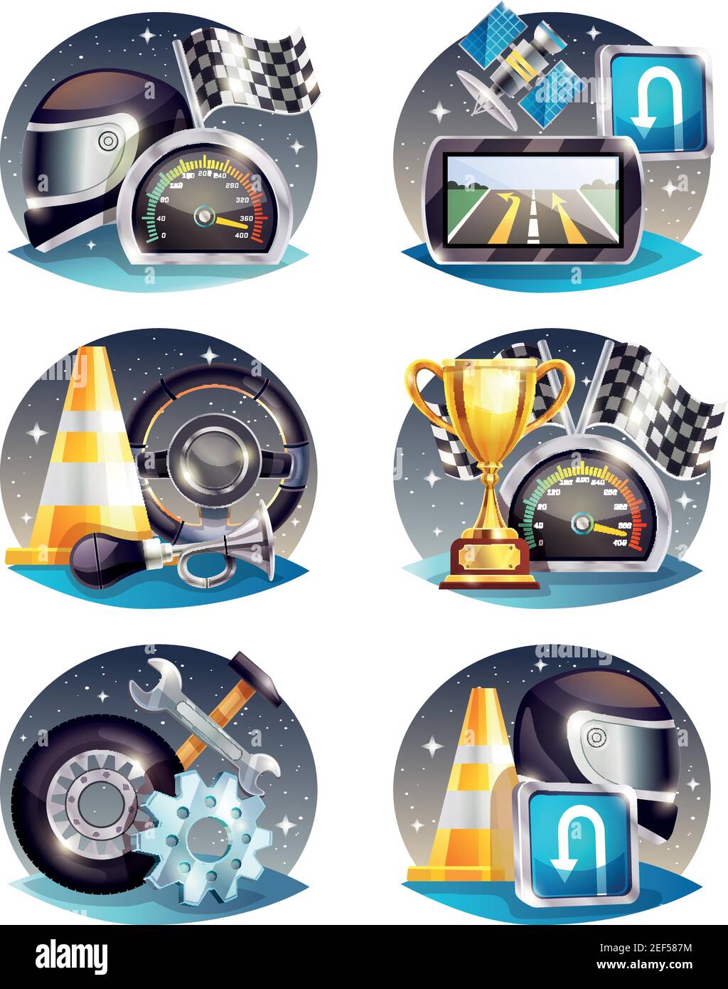 Auto racing compositions set with satellite navigator, flag, trophy ...