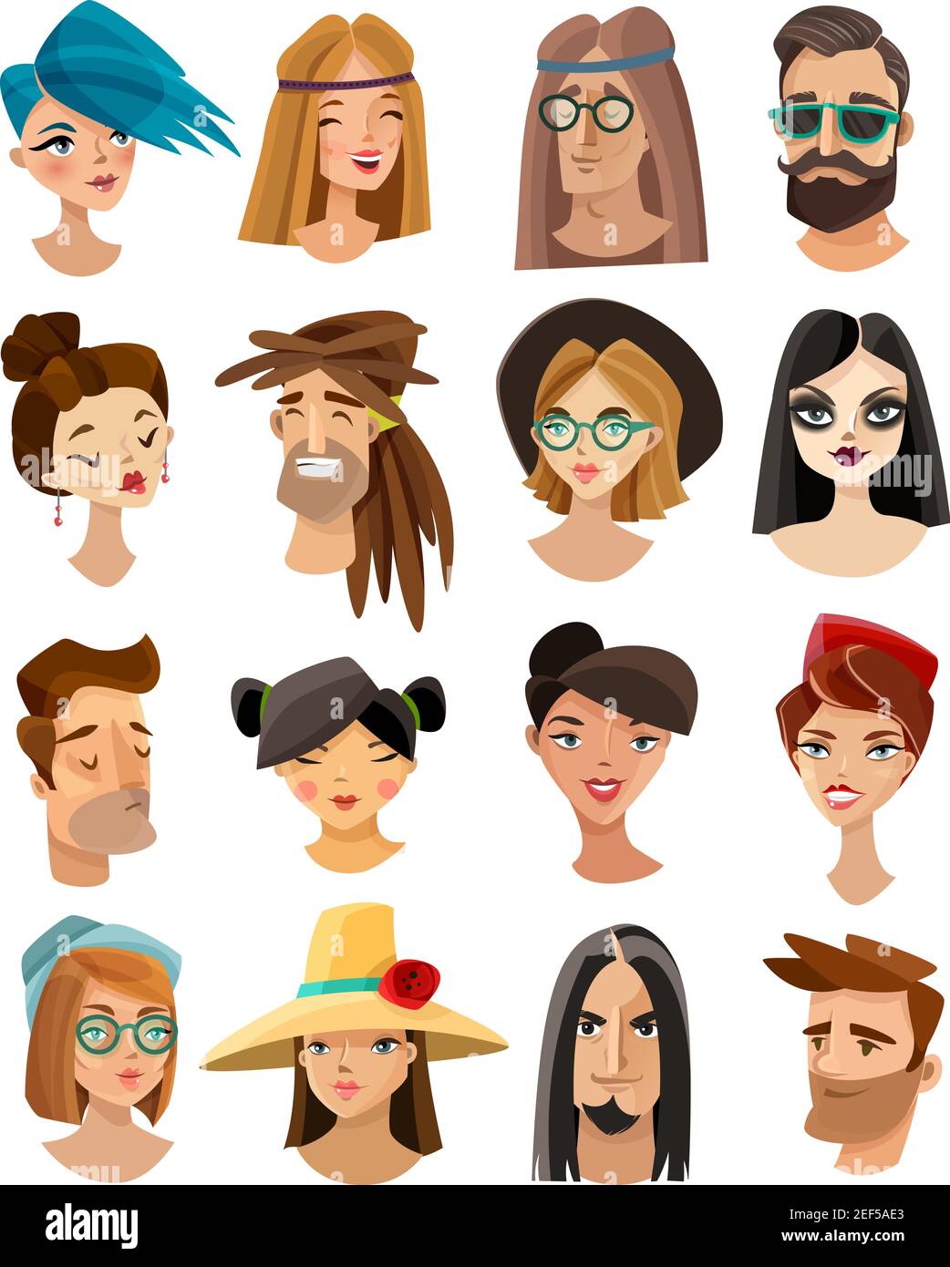 Set of male and female avatars in cartoon style including hippie punk ...