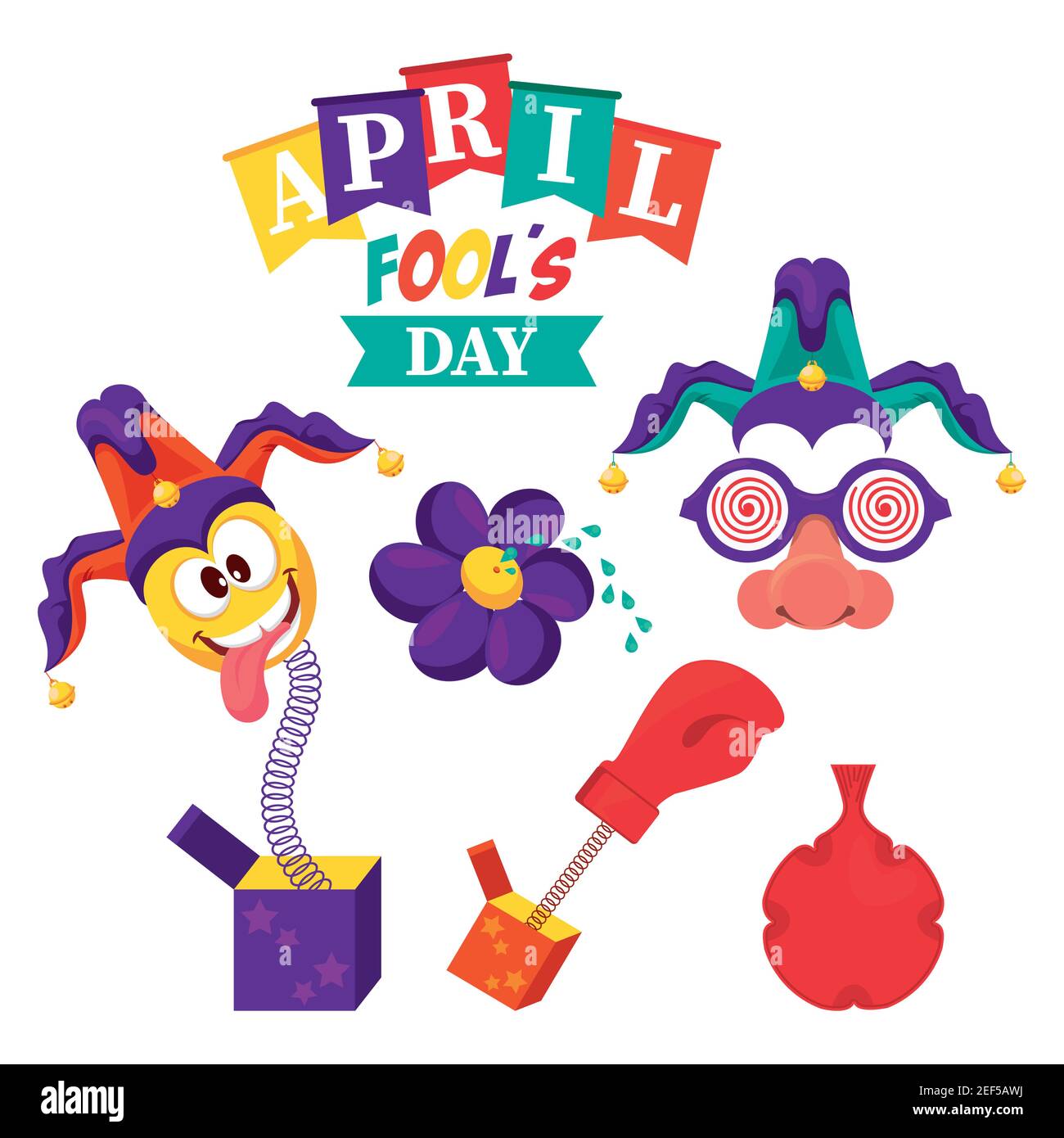 april fools day lettering with six icons vector illustration design ...