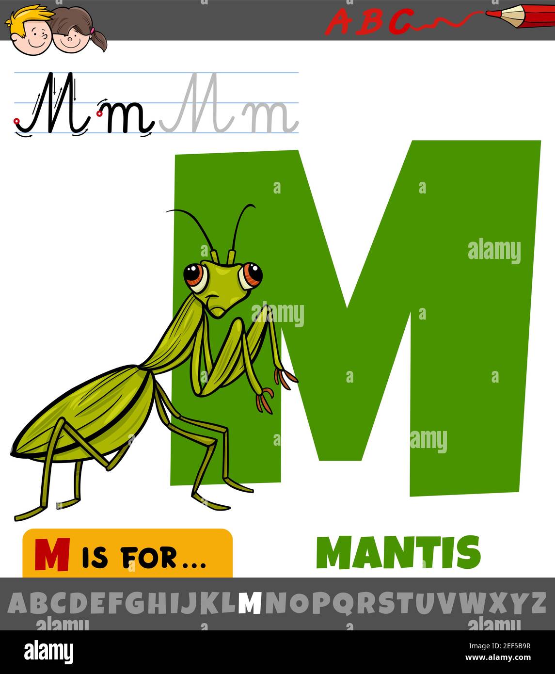 Educational cartoon illustration of letter M from alphabet with mantis ...