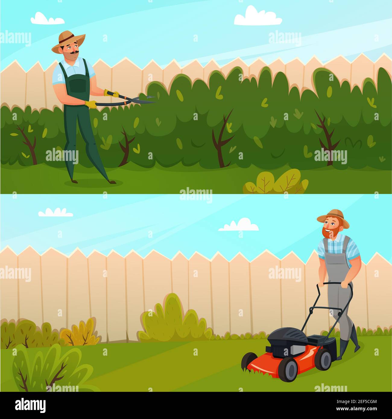 Two horizontal colored cartoon gardening work banner set with two ...