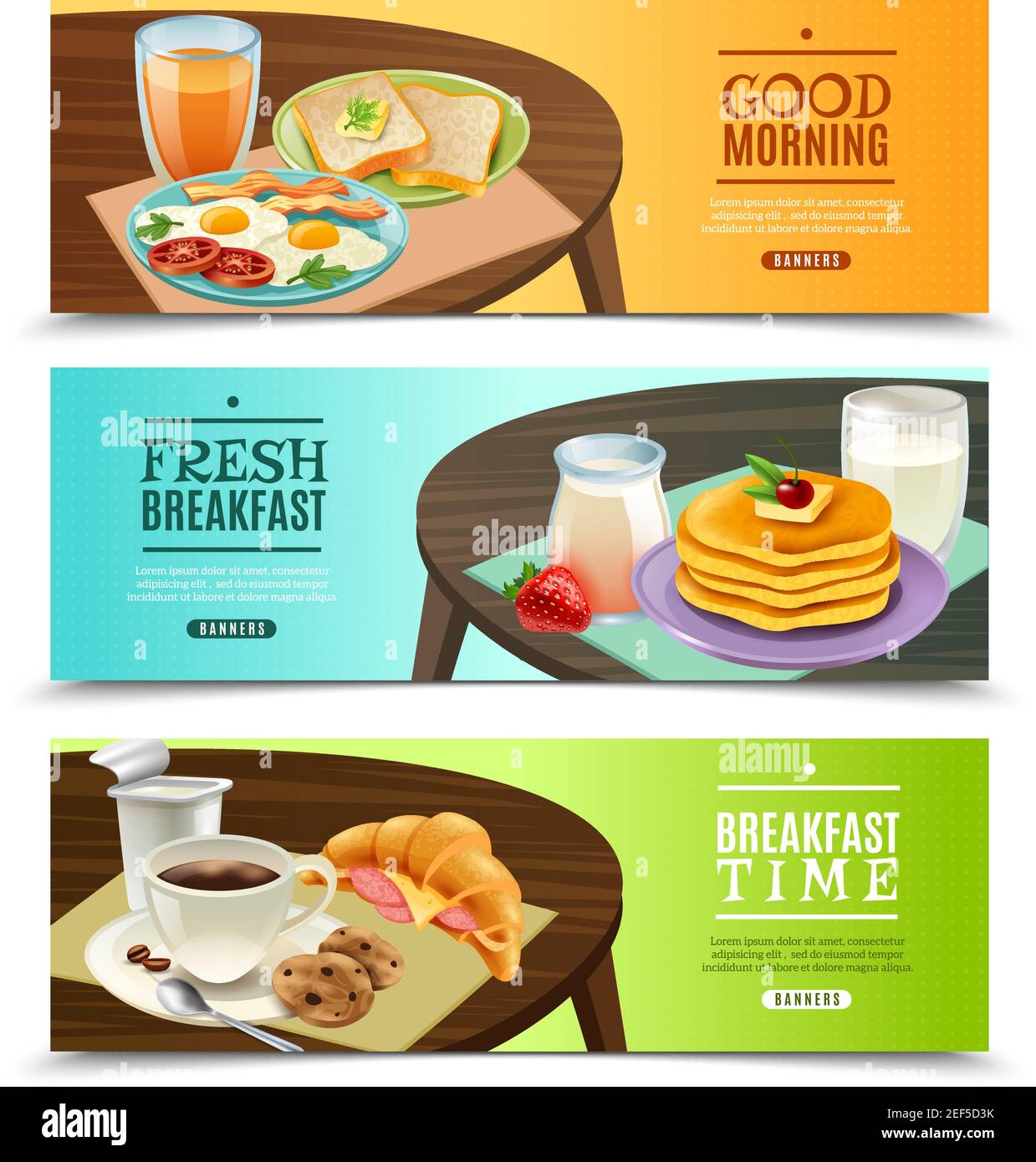Set of horizontal banners with fresh breakfast on dark wooden table on ...