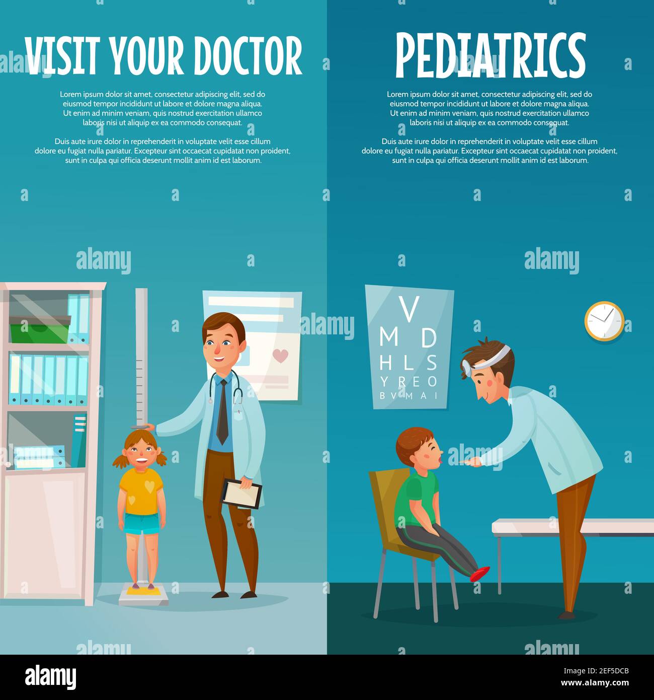 Pediatrician and kid vertical cartoon banners with measuring of height ...