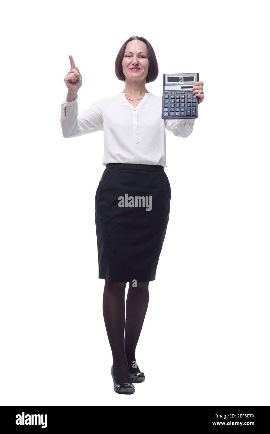 adult business woman with a calculator . isolated on a white background ...