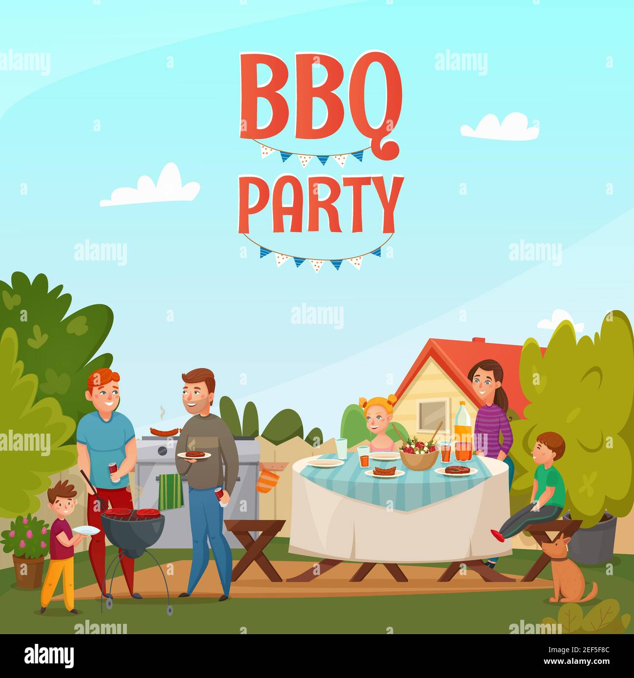 Colored cartoon barbecue party poster with family in backyard of their ...