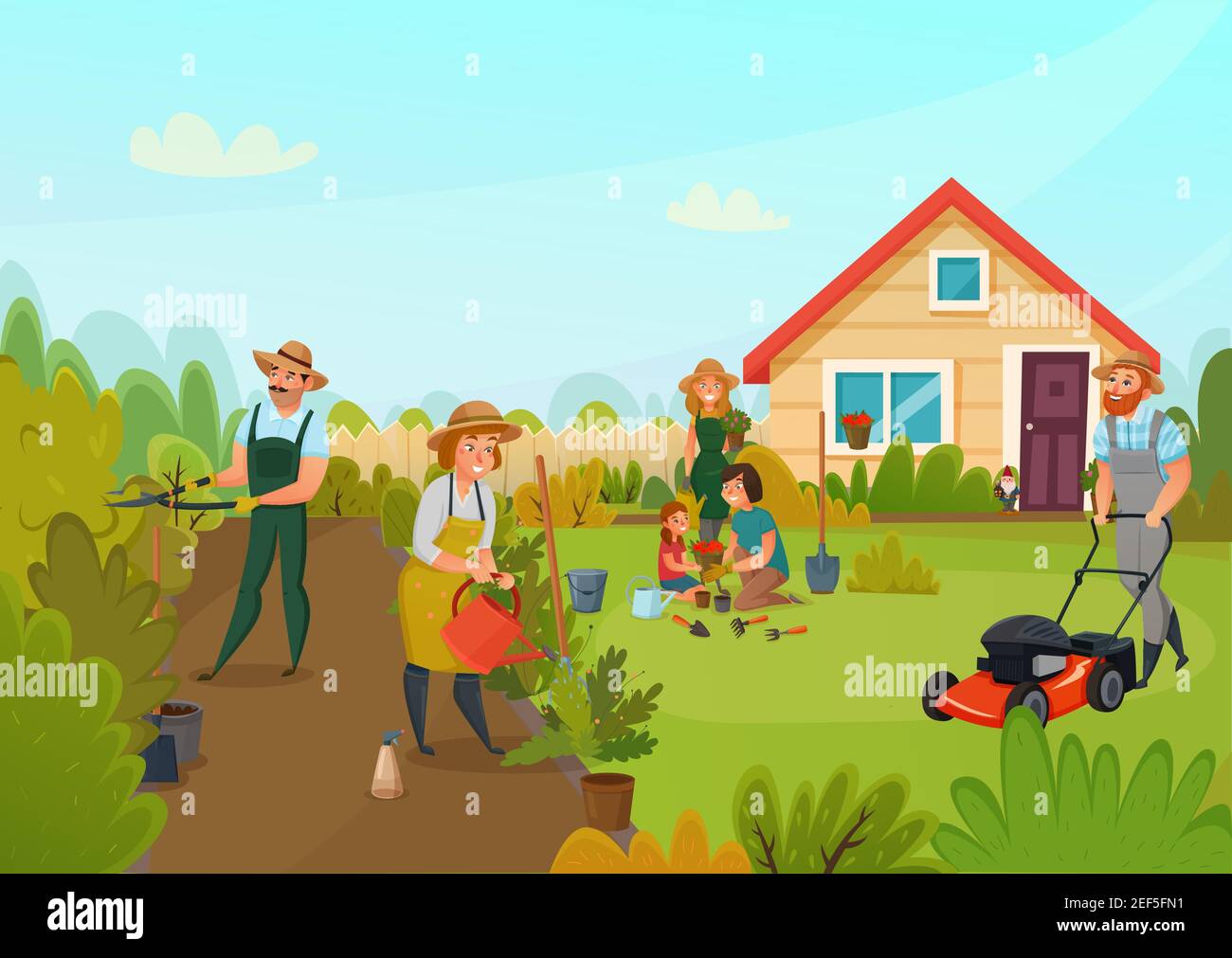 Gardening colored cartoon composition men and women are busy cleaning ...