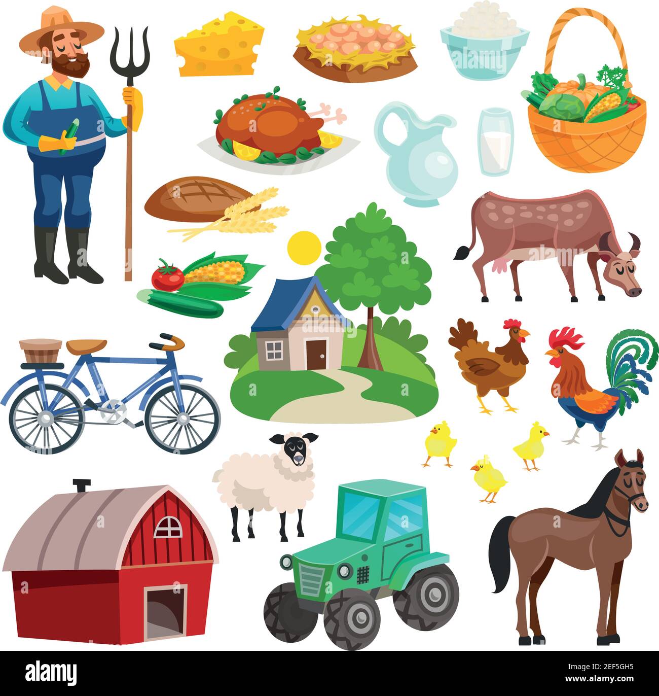 Collection of rural decorative cartoon icons with farmer with pitchfork ...