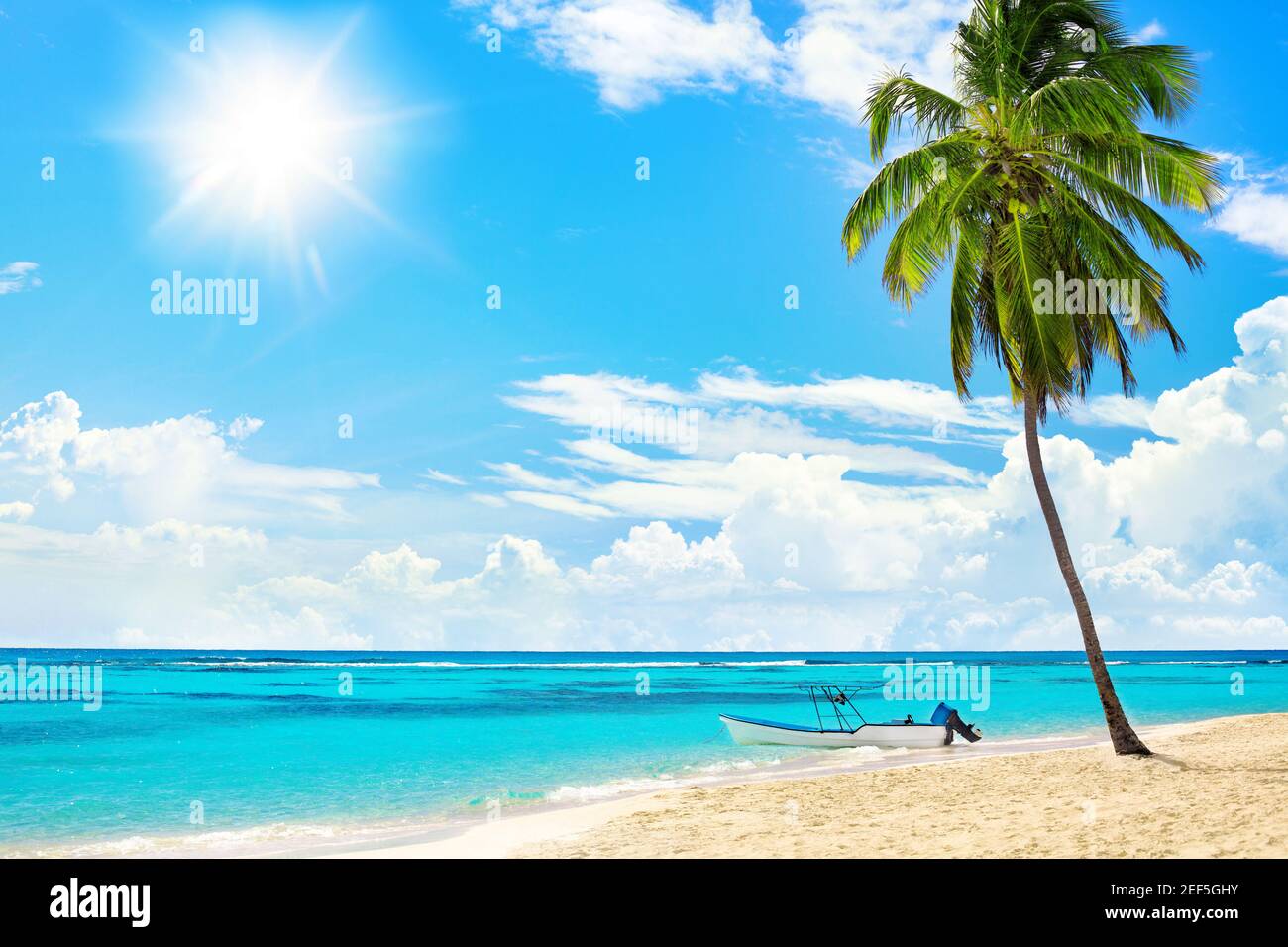 Tropical yellow sand beach landscape, turquoise sea water, blue sky ...
