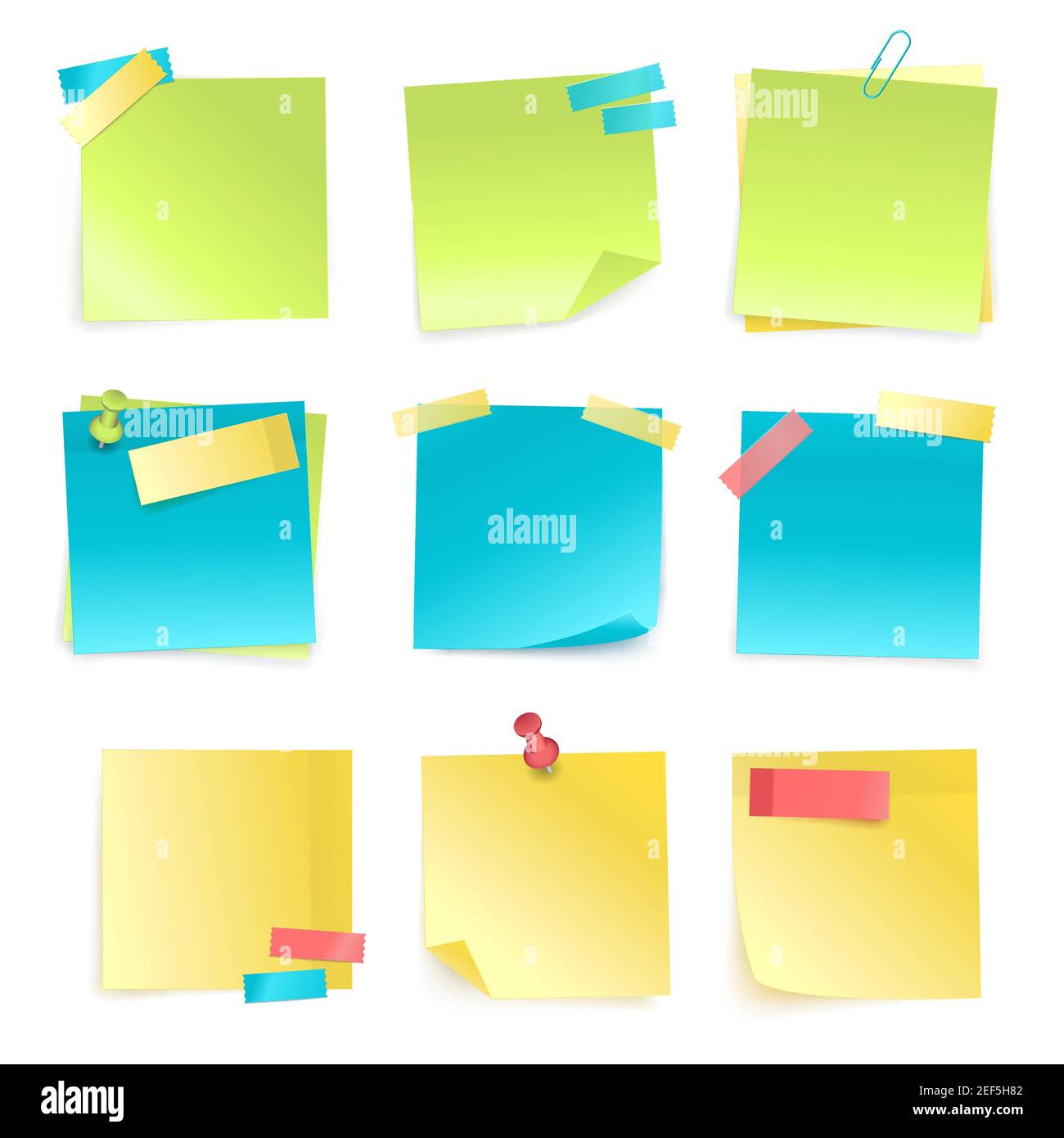 Set of colored isolated sticky notes with paper clip and adhesive tape ...