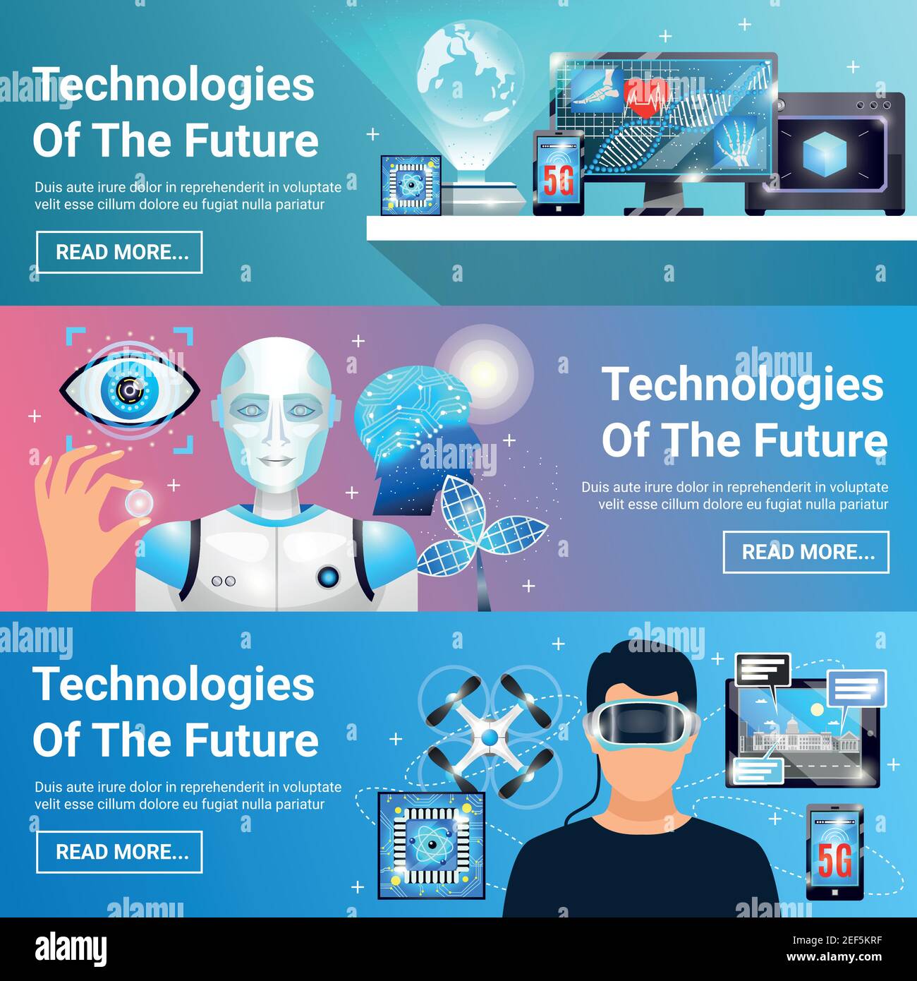 Set of horizontal banners with future technologies including virtual ...