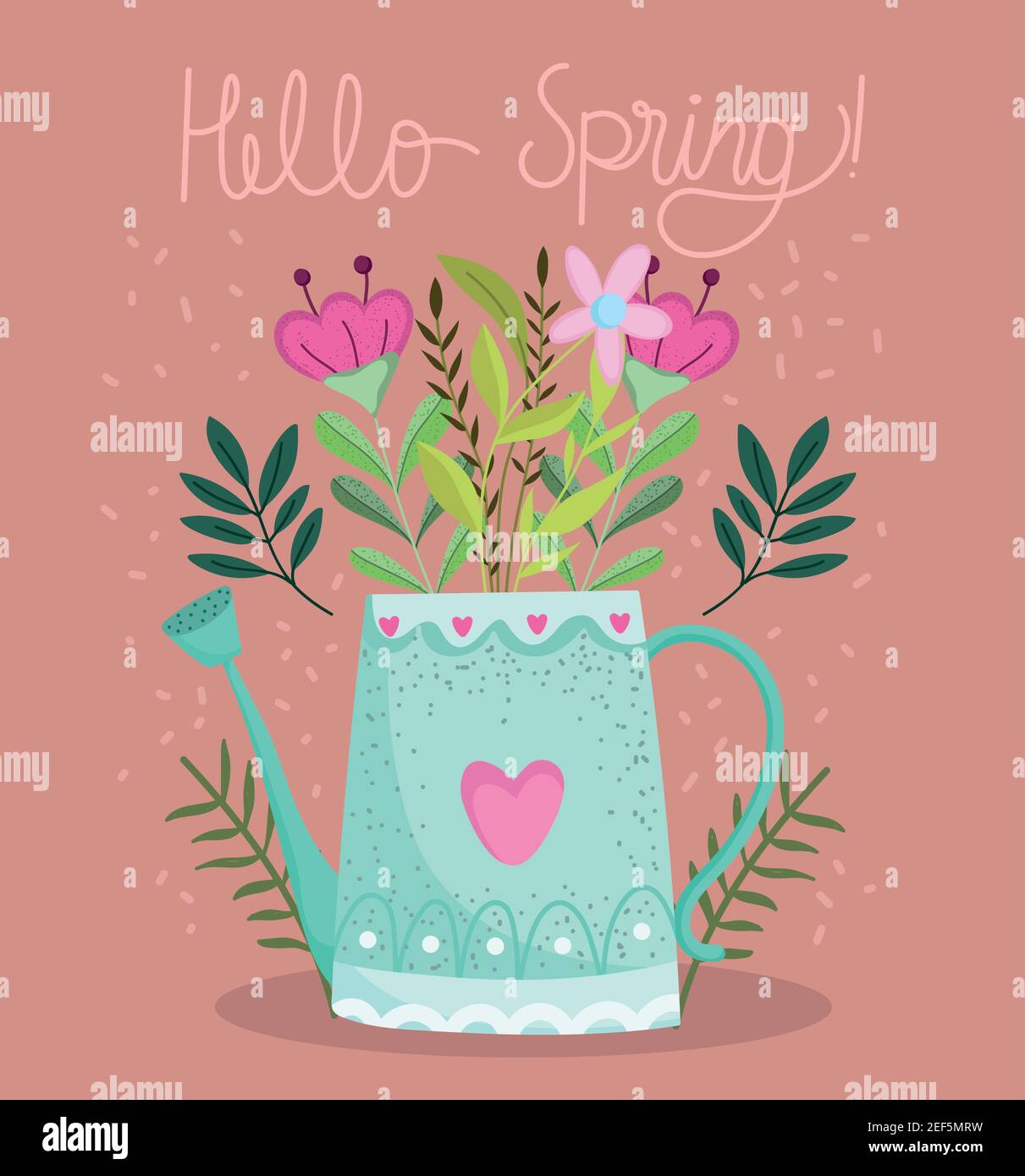 hello spring watering can flowers foliage nature vector illustration ...