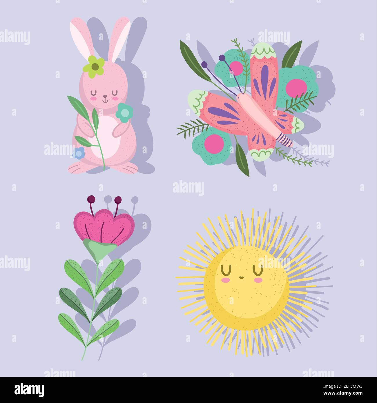 spring rabbit butterfly sun flowers nature icon set vector illustration ...