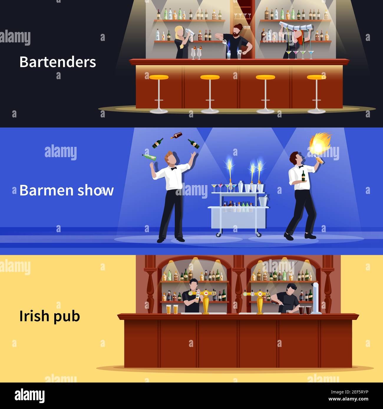 Three horizontal cocktail people banner set with bartenders barmen show ...