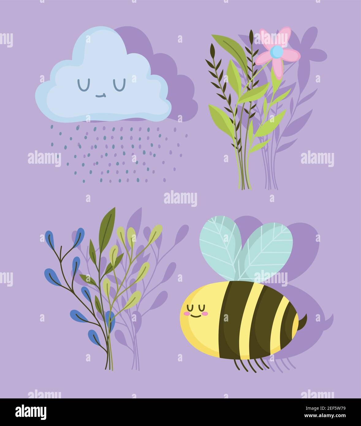 spring bee flowers cloud raindrops and branch icon vector illustration ...