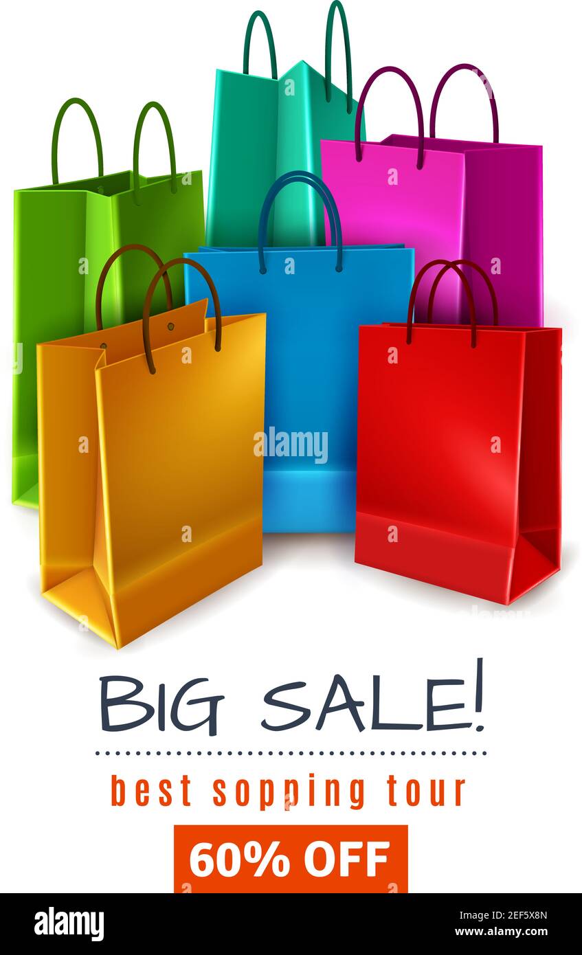 Big sale poster with colored paper shopping bags with handles on white ...