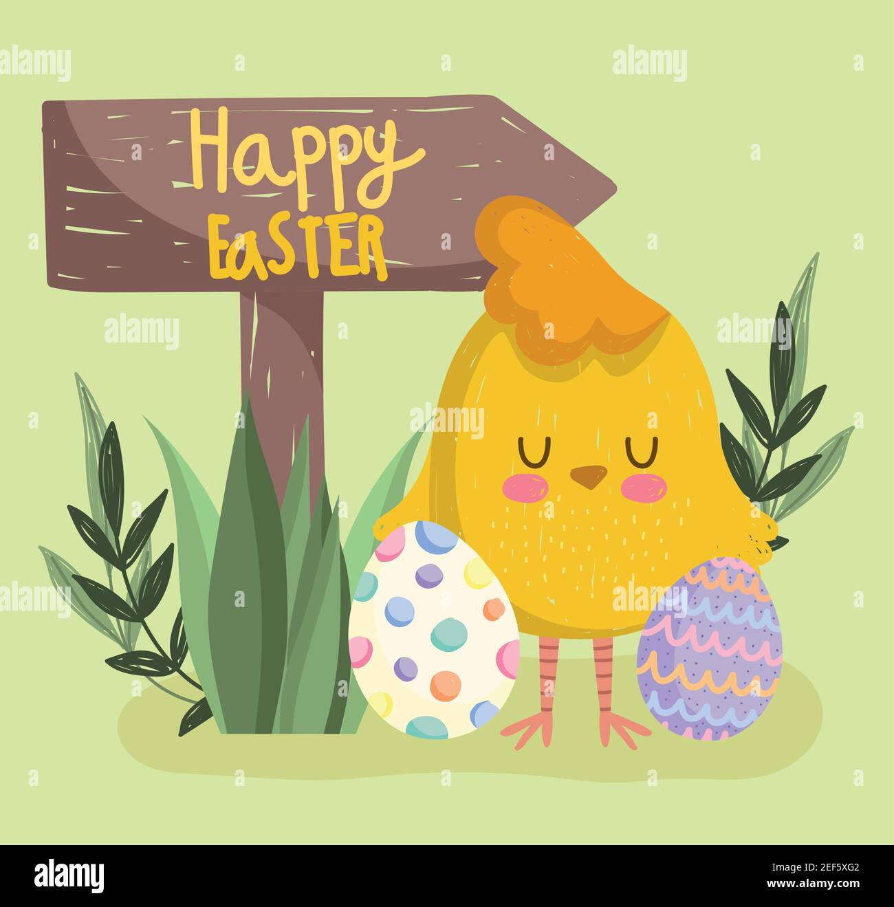 cute easter cartoon chicken with eggs and arrow sign vector ...