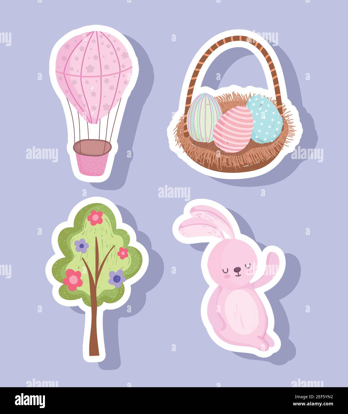 set happy easter cute rabbit egg basket tree flowers and air balloon ...