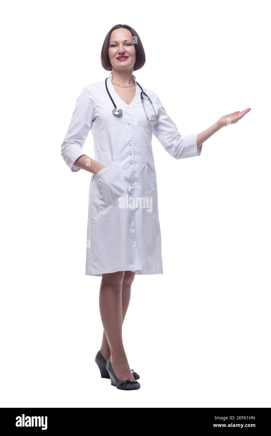 female doctor pointing at a white screen . isolated on a white ...