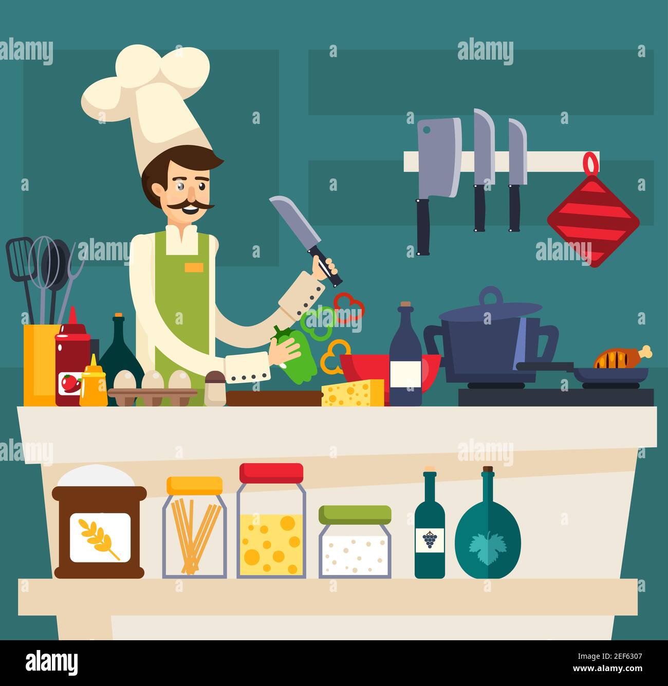 Colored cafe worker composition with the chef prepares meals in kitchen ...