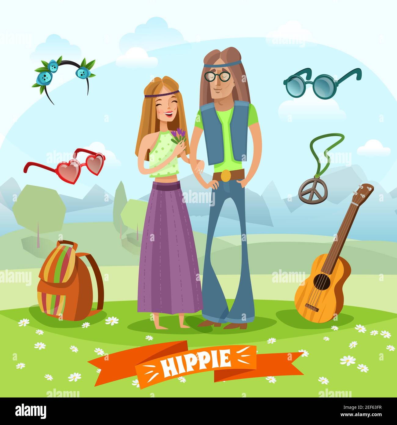 Subculture hippie composition with couple at meadow with accessories on ...