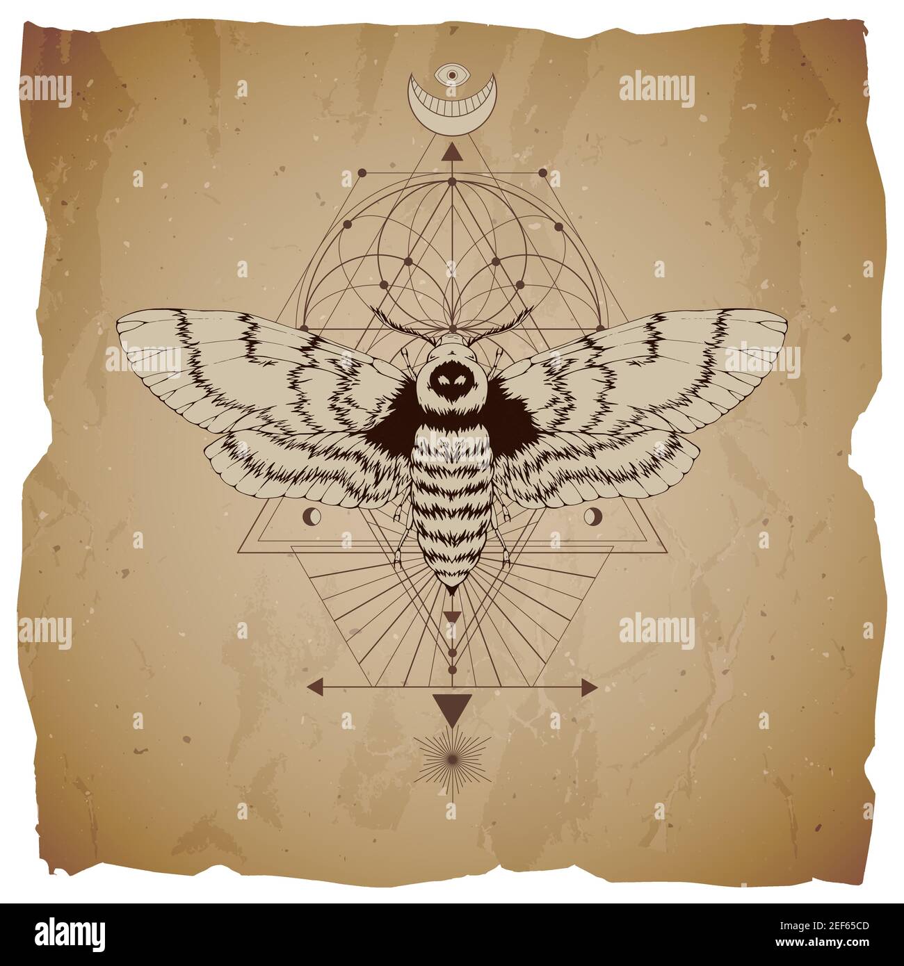 Vector illustration with hand drawn dead head moth and Sacred geometric ...