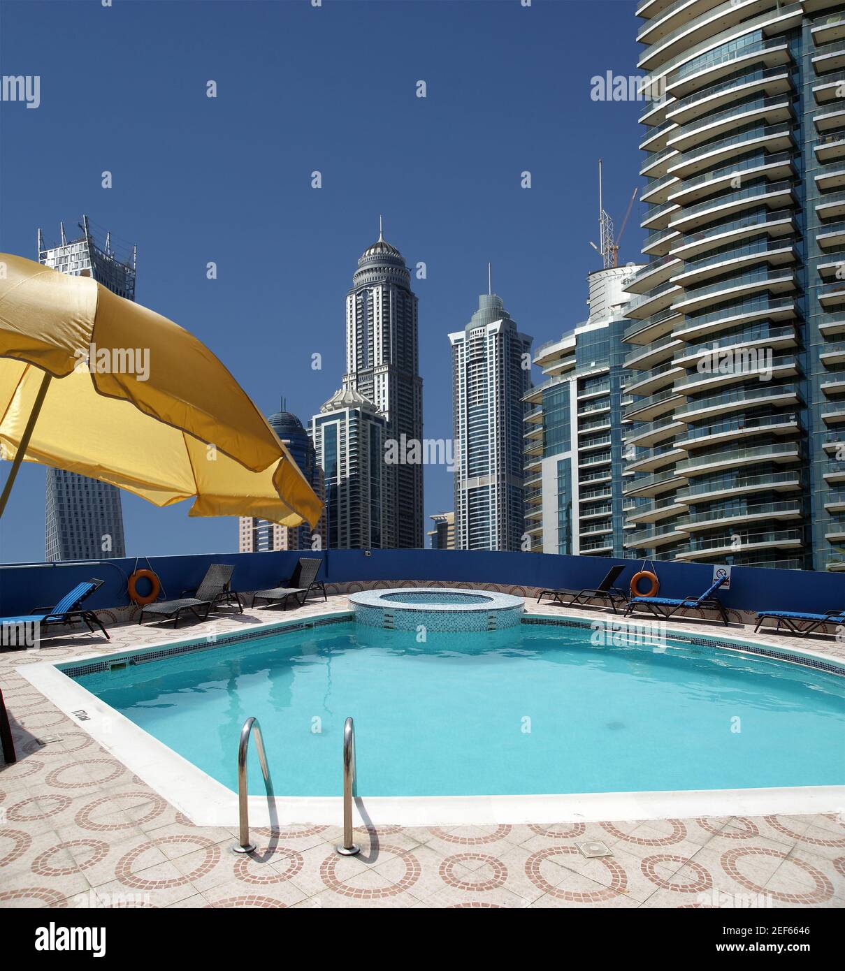 The swimming pool on the hotel roof. Dubai Marina, United Arab Emirates ...