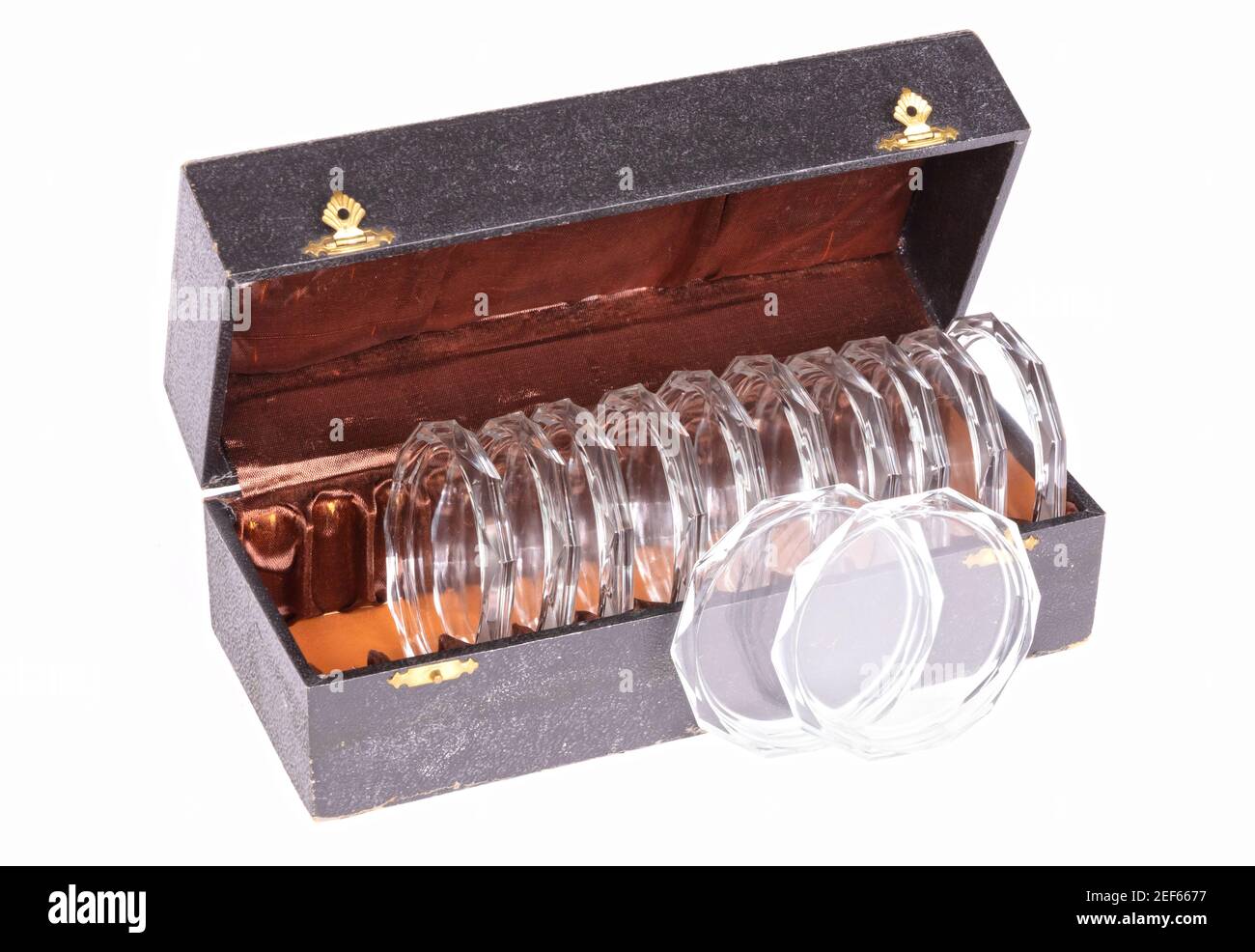 Set of very old glass coasters, isolated Stock Photo - Alamy