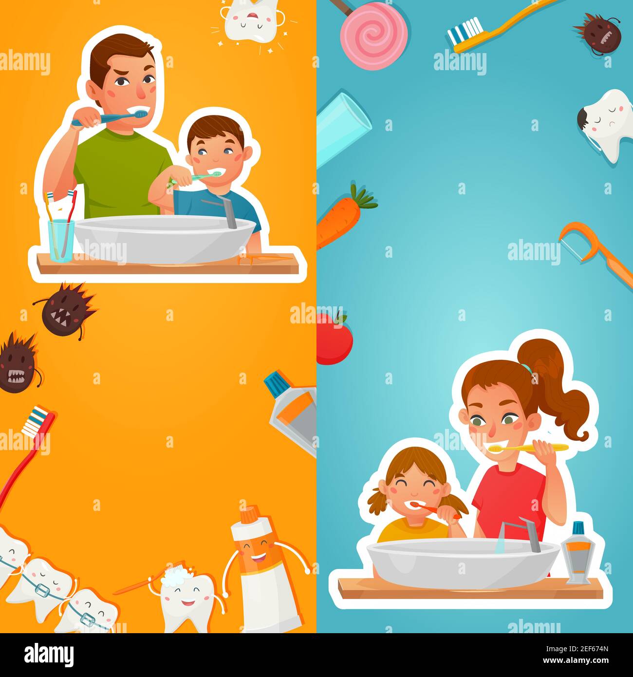 Family hygiene of teeth vertical banners with parents and kids brushing ...