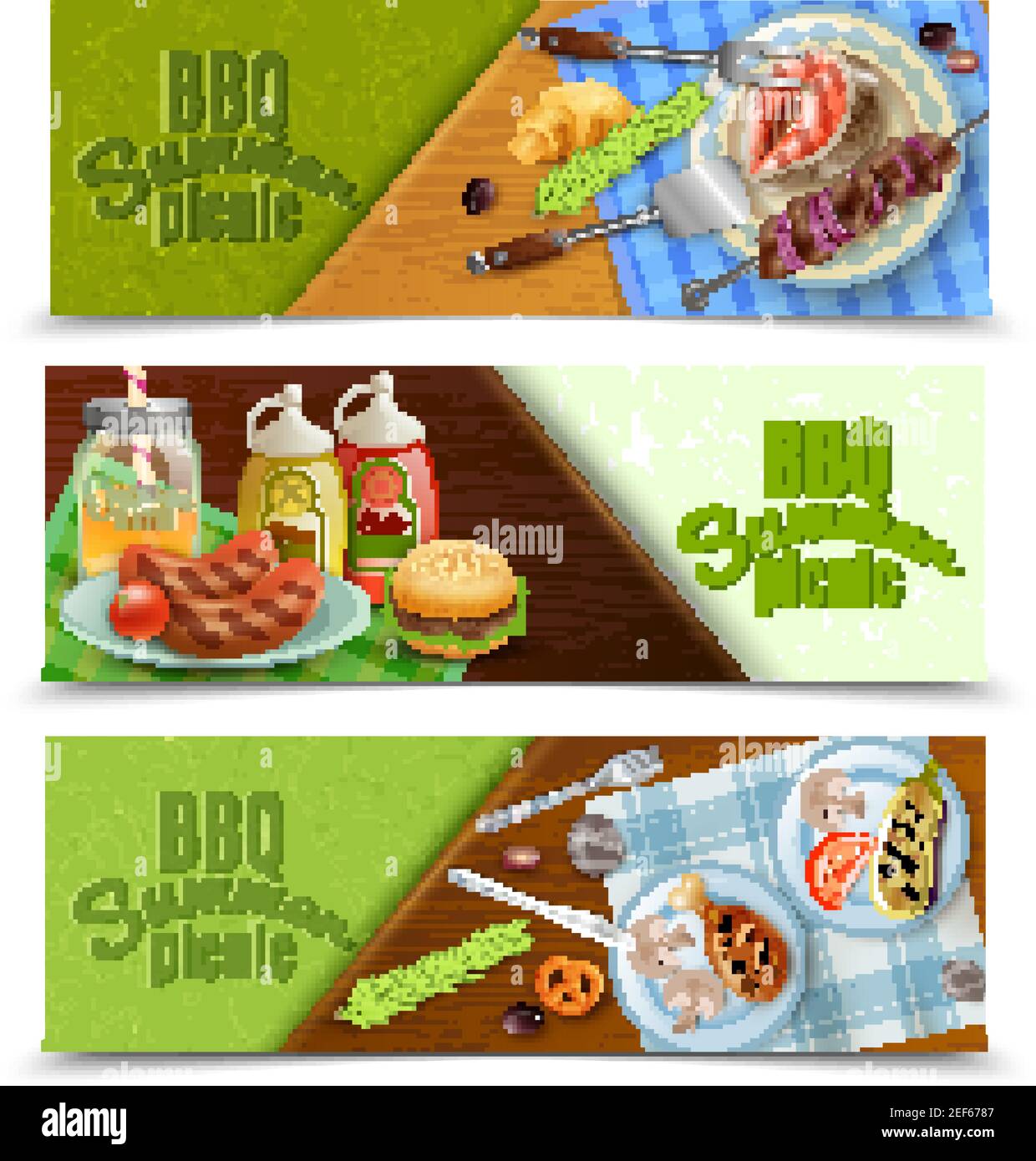 Bbq summer picnic horizontal banners set with grilled meat and fish ...