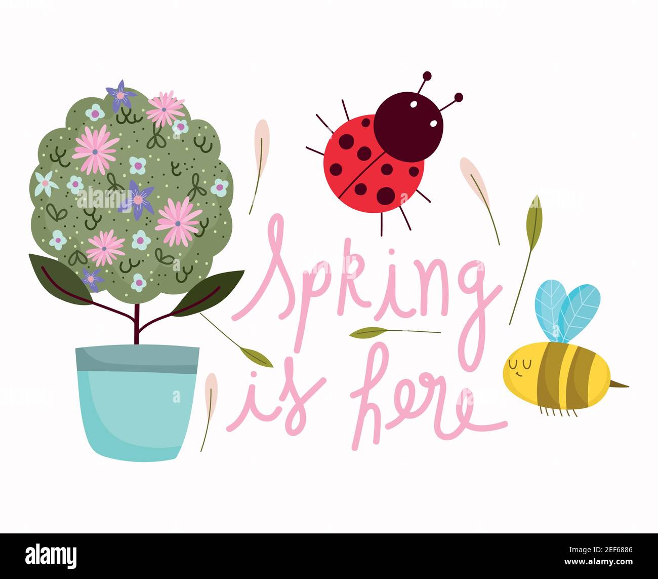 spring is here potted plant flowers bee ladybud cartoon vector ...