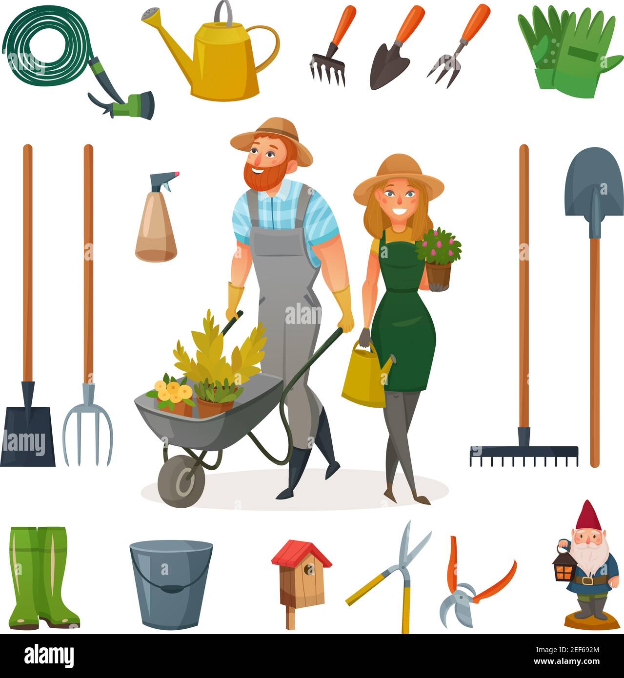 Gardening cartoon icon set with attributes and elements for work in ...
